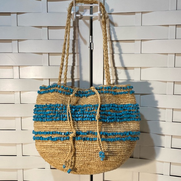 J. Crew | Bags | Jcrew Straw Handbag With Turquoise Beading Market Tote ...